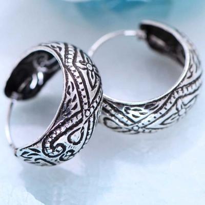 China Sterling Silver Vintage Handmade Engraved Designs Hoop Earrings(057584W) for sale