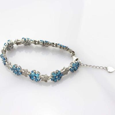 China Sterling Silver Link Flower  Blue Topaz Cubic Zircon Tennis Bracelet(B01BLUE) for sale