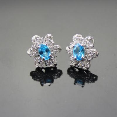 China Sterling Silver Oval Blue Topaz  Clear Cubic Zircon Earrings（E01） for sale
