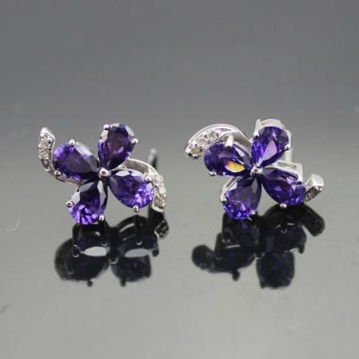 China Sterling Silver Amethyst  Cubic Zircon Quatrefoil Stud Earrings(E02) for sale