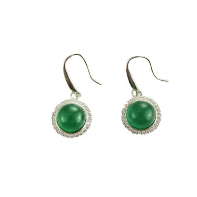 China Sterling Silver 9mm Round Green Jade  Cubic Zirconia Dangle Earrings( PSJ025E) for sale