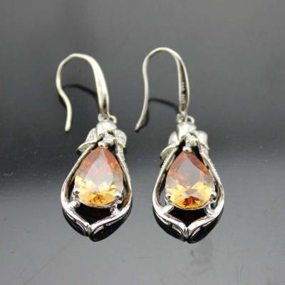 China 925 Silver Jewelry 8mmx10mm Pear Citrine Cubic Zircon Dangle Earrings (PSJ03222) for sale