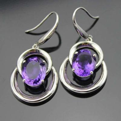 China 925 Silver 8x10mm Oval Amethyst Cubic Zirconia Dangle Earrings (PSJ03275) for sale