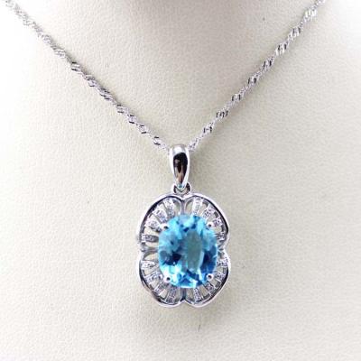 China Sterling Silver Wave Chain  9x11mm Blue Topaz Cubic Zirconia Pendant Necklace(P01) for sale