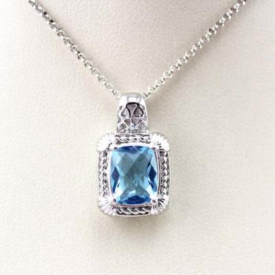 China White Gold Plated 925 Silver Blue Topaz Cubic Zirconia Square Pendant Necklace (P04) for sale