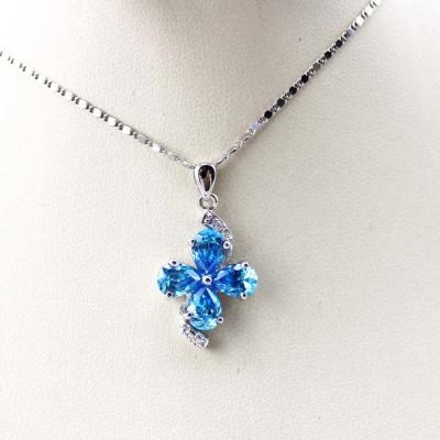 China Sterling Silver  Chain Necklace with Blue Cubic Zirconia Quatrefoil Charm Pendant(P05) for sale