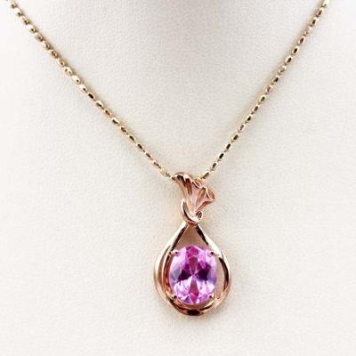 China Rose Gold Plated 925 Silver Chain Oval Pink Cubic Zircon Pendant Necklace(P06) for sale