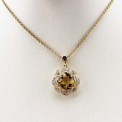 China 18k Yellow Gold Plated 925 Silver 8mm Round Champagne Citrine CZ Flower Style Pendant Necklace (P09) for sale