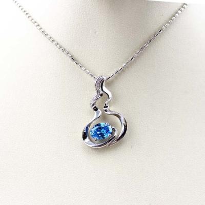 China 925 Silver Bead Chain  Oval 6x8mm Blue Cubic Zircon Pendant Necklace(P34) for sale