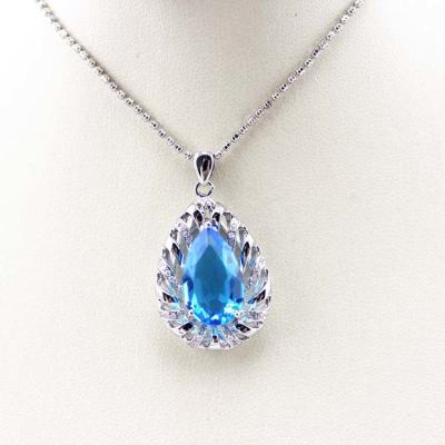 China White Gold Plated 925 Silver Teardrop Blue Topaz Cubic Zirconia Pendant Necklace(P46) for sale