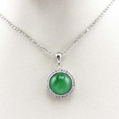 China Sterling Silver Bead Chain Necklace Round 11mm Green Jade Cubic Zirconia Pendant  (PSJ025) for sale