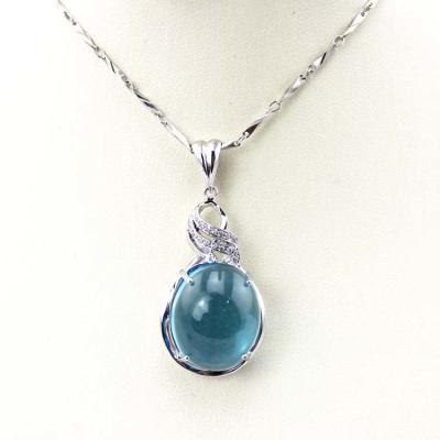 China Sterling Silver Chain Oval Dome Blue Topaz Cubic Zirconia Charm Pendant Necklace(PSJ0291) for sale