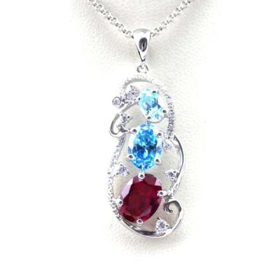 China 925 Silver Jewelry Oval Mix Blue Red Cubic Zircon Three Stones Pendant Necklace  (PSJ0378) for sale