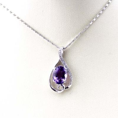 China White Gold Plated 7mmx9mm Amethyst Cubic Zircon Pendant Necklace (PSJ0390) for sale