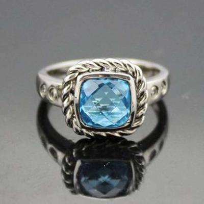 China Women Jewelry 925 Silver 7mm Square Blue Cubic Zirconia Ring (JR061） for sale