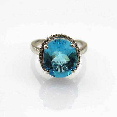 China White Gold Plated 925 Silver Ring with Oval Blue Topaz  Cubic Zircon  (R265) for sale