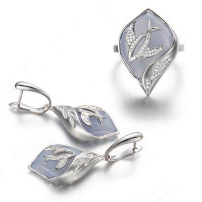 China White Gold Blue Chalcedony Damonds Ring Earrings Jewelry Set (GDSET001) for sale