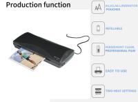 China Black Laminator Machine A4 Maximum Quick Warm-up Hot Cold Fast Lamination 2 Rollers for sale