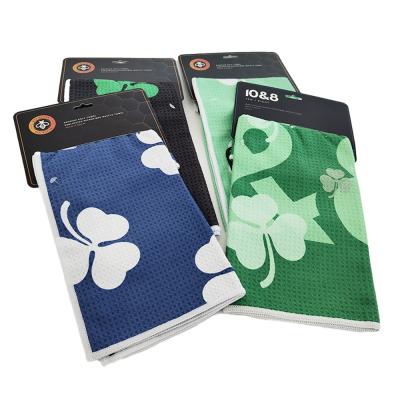 China Digital Printed Super Absorbent Microfiber Waffle Weave Golf Towel Custom Personalized Microfiber Golf Towels with Hook for sale
