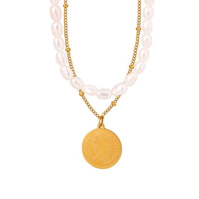 China French vintage freshwater pearl chain titanium steel gold-plated double-layer clavicle necklace for sale