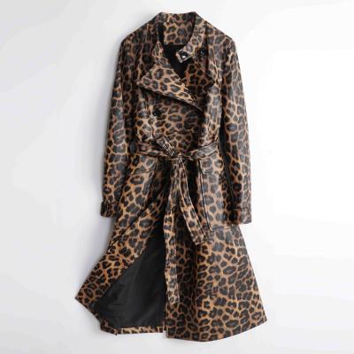China Luxury Leopard Print Genuine Sheepskin Leather Trench Coat for Women for sale