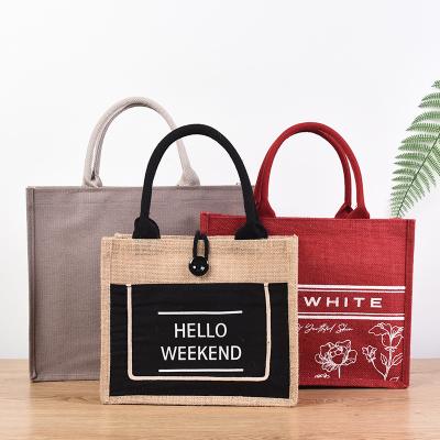 China Reusable Printed Jute Tote Bag with Cotton Handles for sale