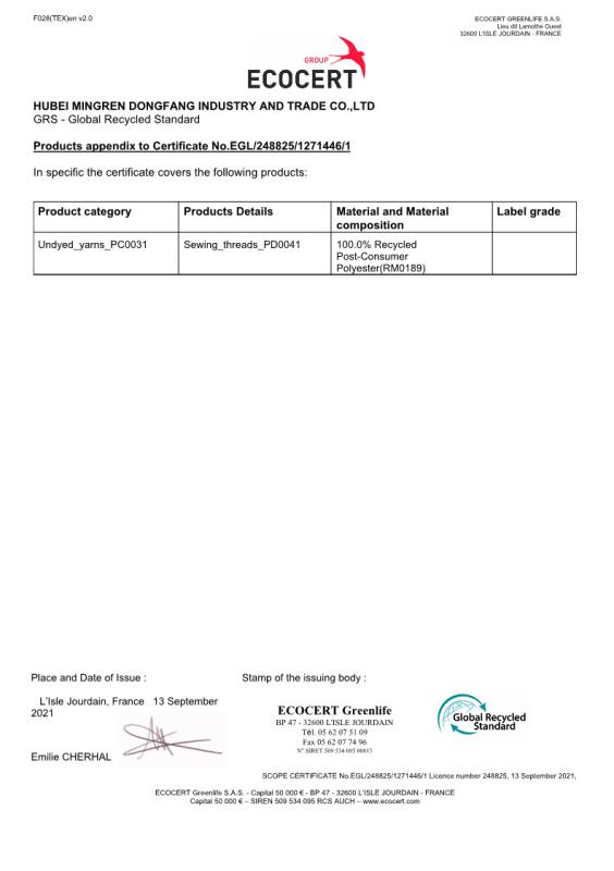 GRS CERTIFICATE - Hubei Mingren Dongfang Industry And Trade Co., Ltd.
