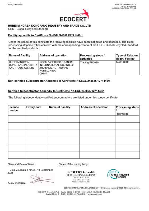 GRS CERTIFICATE - Hubei Mingren Dongfang Industry And Trade Co., Ltd.