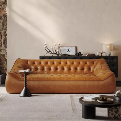 China Vintage Brown Leather Couch Set Pine Wood Frame Leisure Sofa Sectional for Villa for sale