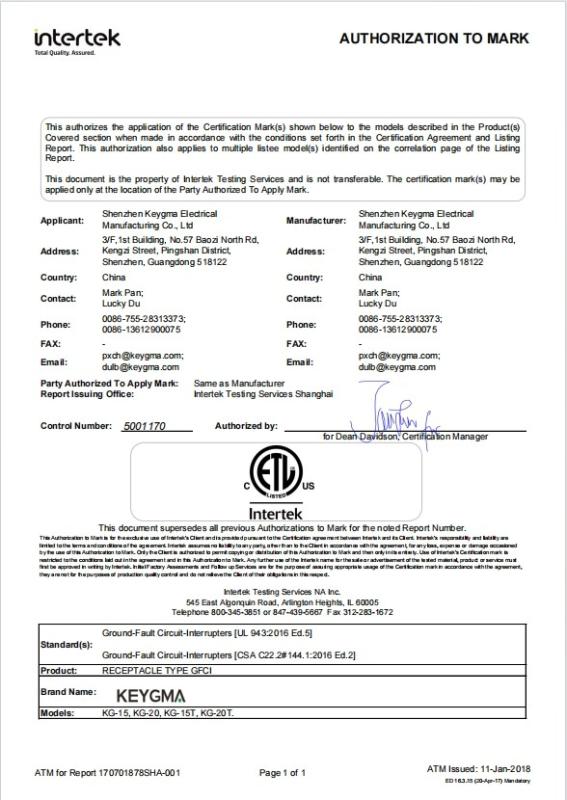 UL498,UL943 - Shenzhen Keygma Electrical Manufacturing Co.,Ltd