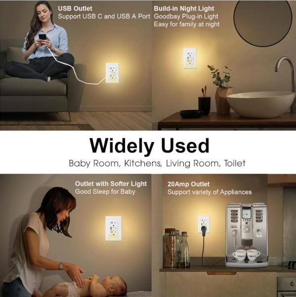Quality Wall Mounted Night Light USB Outlet 20A 2700K Tamper Resistant for sale