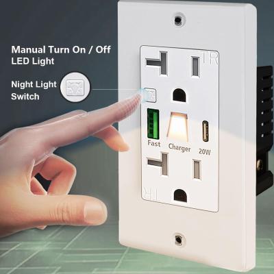 China 20A 125V Double Switched Socket with Outlet USB and Type C Night Light for sale