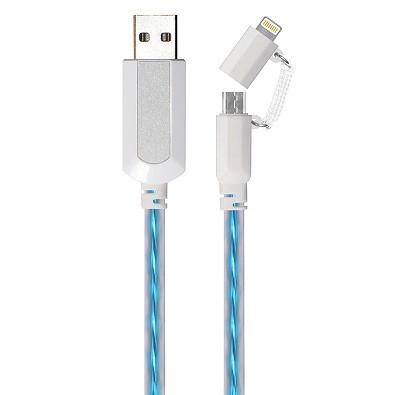 China 2 in 1 EL Visible 8 Pin Lightning To Micro USB Flowing Flat Cable LDF003 for sale