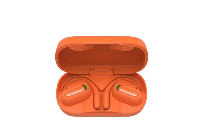 Detailed view of earbud controls and microphone