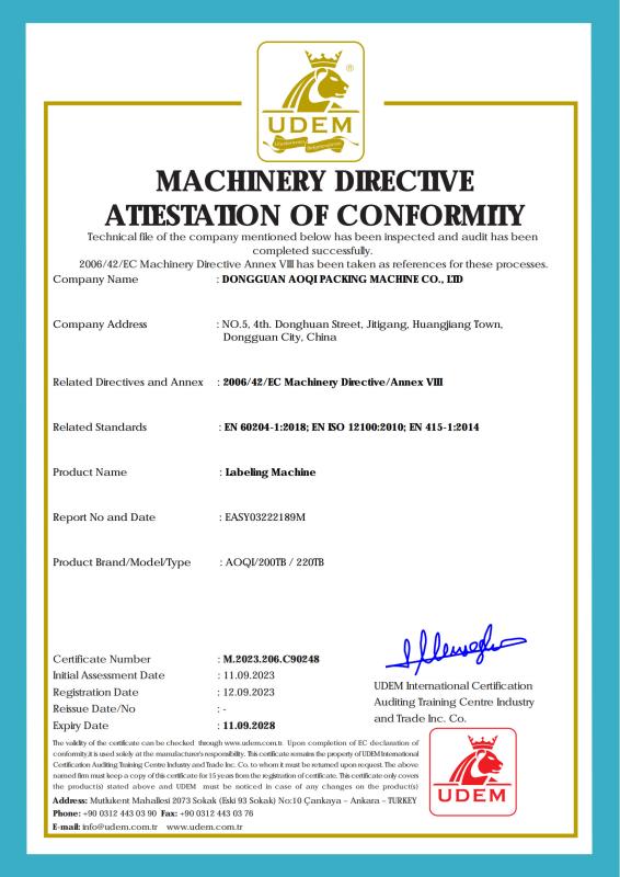 Machinery Directive Attestation Of Conformity - Dongguan Aoqi Packing Machine Co., Ltd.