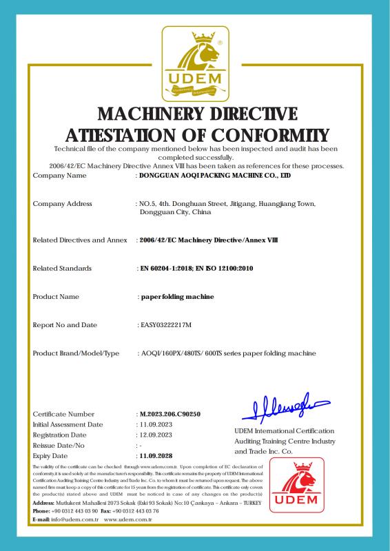 Machinery Directive Attestation Of Conformity - Dongguan Aoqi Packing Machine Co., Ltd.