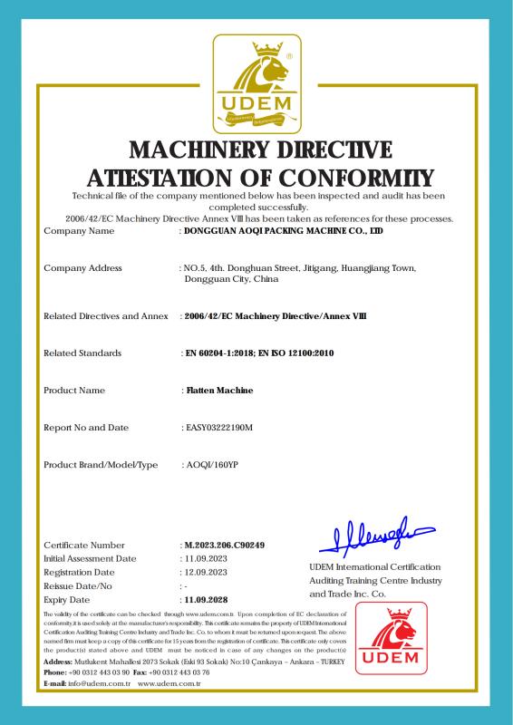 Machinery Directive Attestation Of Conformity - Dongguan Aoqi Packing Machine Co., Ltd.