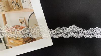 China 4cm Vintage Curly Floral Hollow Elastic Nylon Lace Trim Double Scalloped Edge Soft Breathable Fabric for Lingerie Nightgown Wedding Dress and Ladies Fashion Apparel Decoration for sale