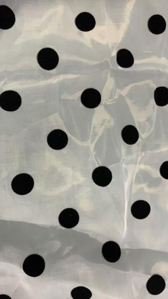 Quality Luxury 100% Polyester Organza Lace Fabric with Black Polka Flocking Dot Print for Home Decor & Clothing for sale