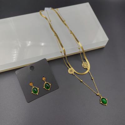 Cina Newest Gold Color Stainless Steel  Earring ,Necklace , Bracelet Sets With Green Stone For Lady in vendita