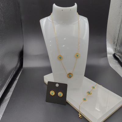 Cina Newest Gold Color Stainless Steel  Earring ,Necklace , Bracelet Sets With Green Stone For Lady in vendita