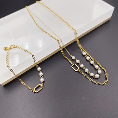 China New Arrival Trendy Pearl Double Lines  Newest Gold Color Stainless Steel  Earring ,Necklace , Bracelet Sets  For Lady Te koop