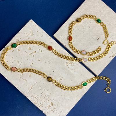 Cina Set di gioielli in acciaio inossidabile Collana con bracciale in pietra ovale colorata per donna in vendita