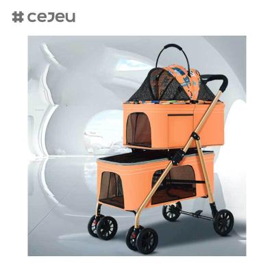 China CJ-TQ-747-B Four-Wheel Lightweight Double-Layer Pet Stroller Shock-Absorbing Foldable Cage Puppies Carriers Travel for sale