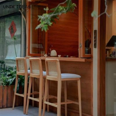 China Nordic Modern Coffee Shop Front Counter High bar Stool Garden Courtyard Creative Solid Wood Hand Made Rattan bar Chair for sale