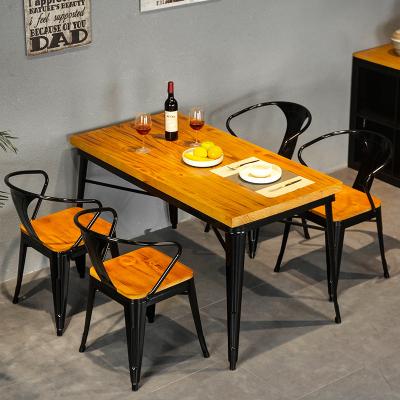 China Industrial Wooden Dining Table Set with Metal Chairs Wood Top Restaurant Furniture for Cafe Bistro Home Use for sale