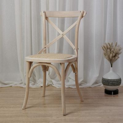 China New Arrival Rustic Wooden Cross Back Chair with Woven Rattan Seat for Cafe Bistro Restaurant Commercial Wedding Dining Use for sale