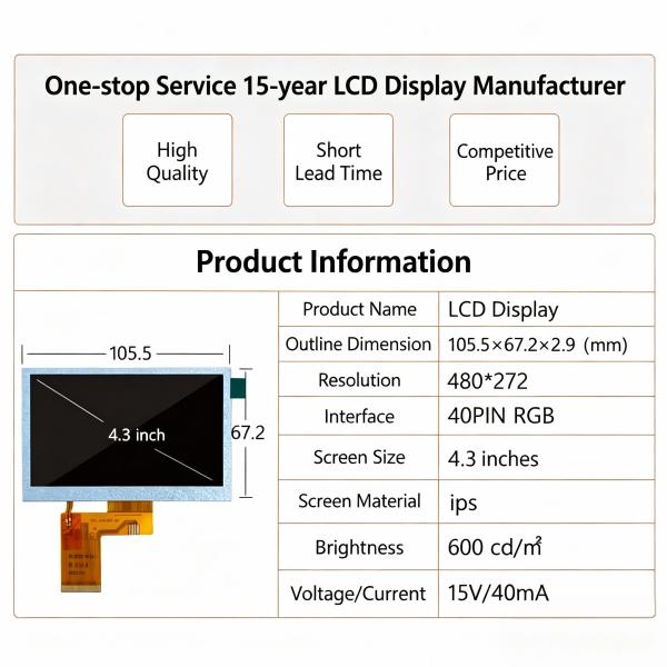 Quality 4.3-inch 480*272 TFT LCD Screen with IPS Viewing Angle, RGB 40-pin Interface, for sale