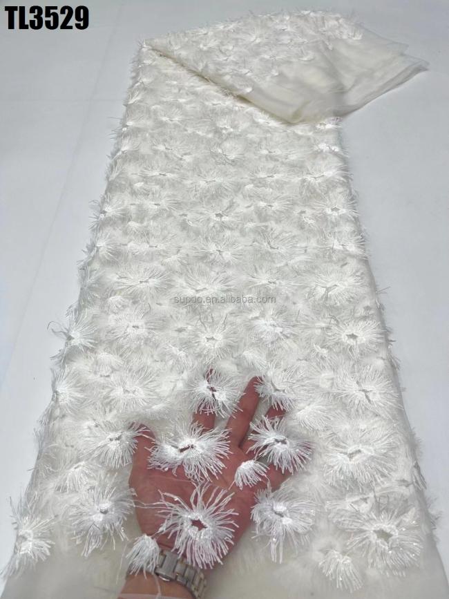 Beautiful 3D white dandelion design tulle lace fabric three-dimensional tassel embroidered mesh fabric For Woman Wedding Dress
