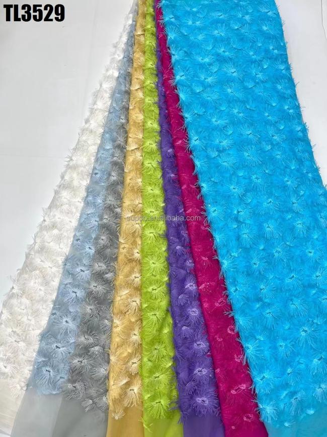 Beautiful 3D white dandelion design tulle lace fabric three-dimensional tassel embroidered mesh fabric For Woman Wedding Dress